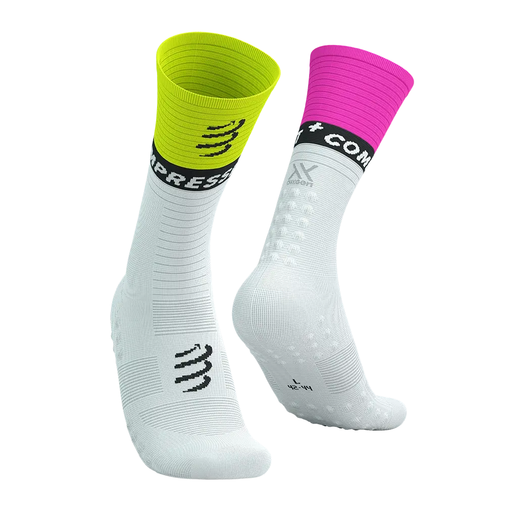 Compressport Mid V2.0 Bike Compressiesokken Wit/Geel/Neon Roze